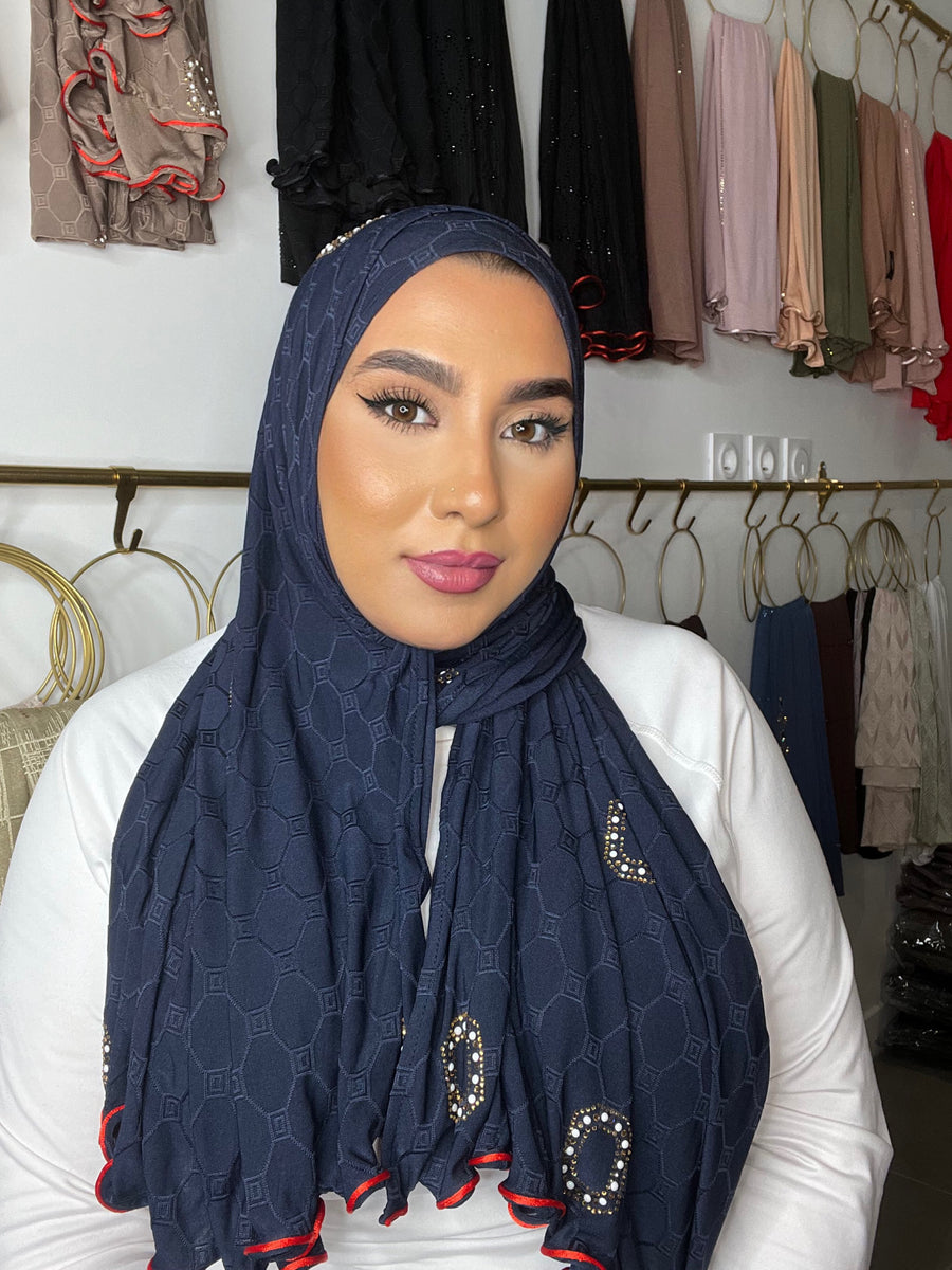 Hijab Monogramme luxe Bleu nuit ligne rouge – ESSFAAYHIJAB
